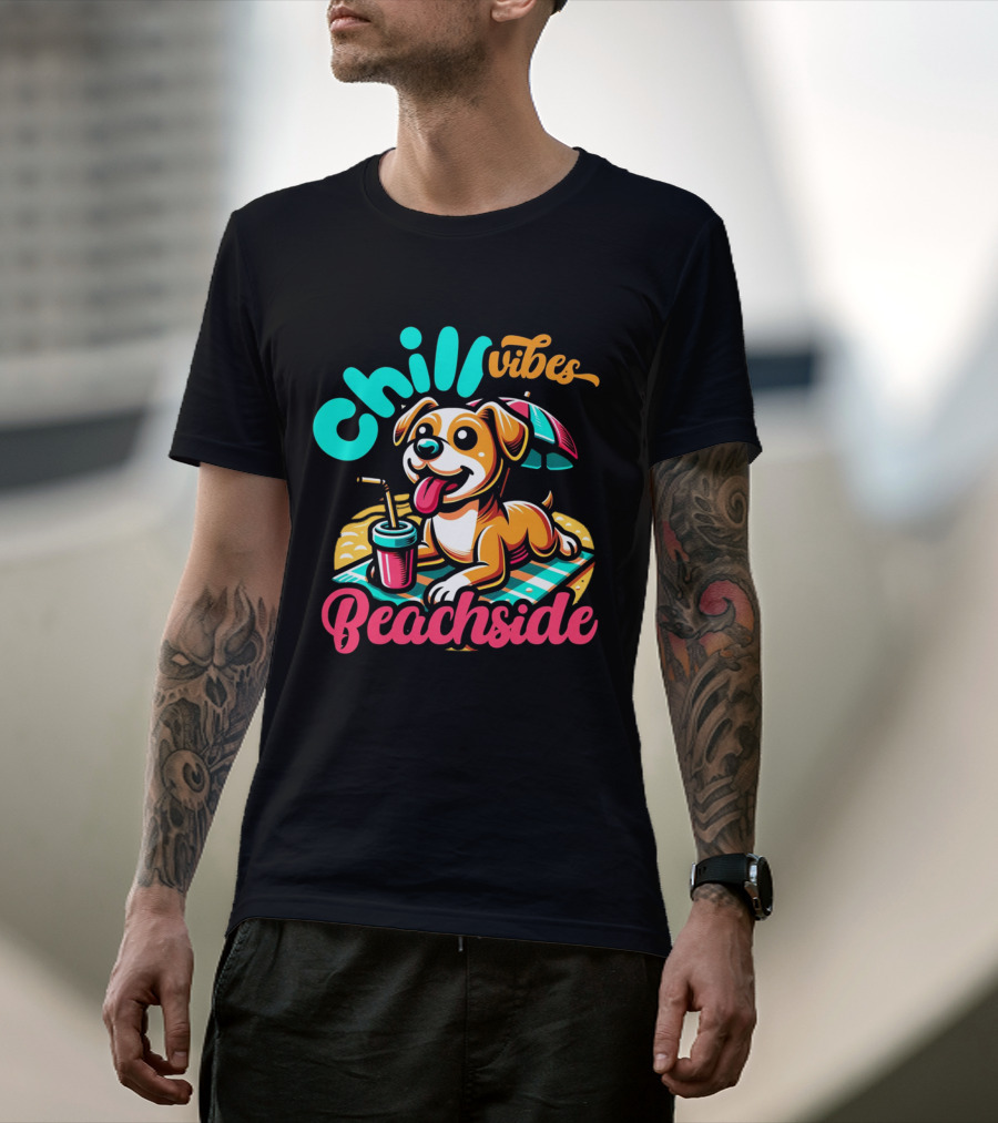 Chill Vibes Beachside Relaxing Dog With Umbrella And Drink T-Shirt