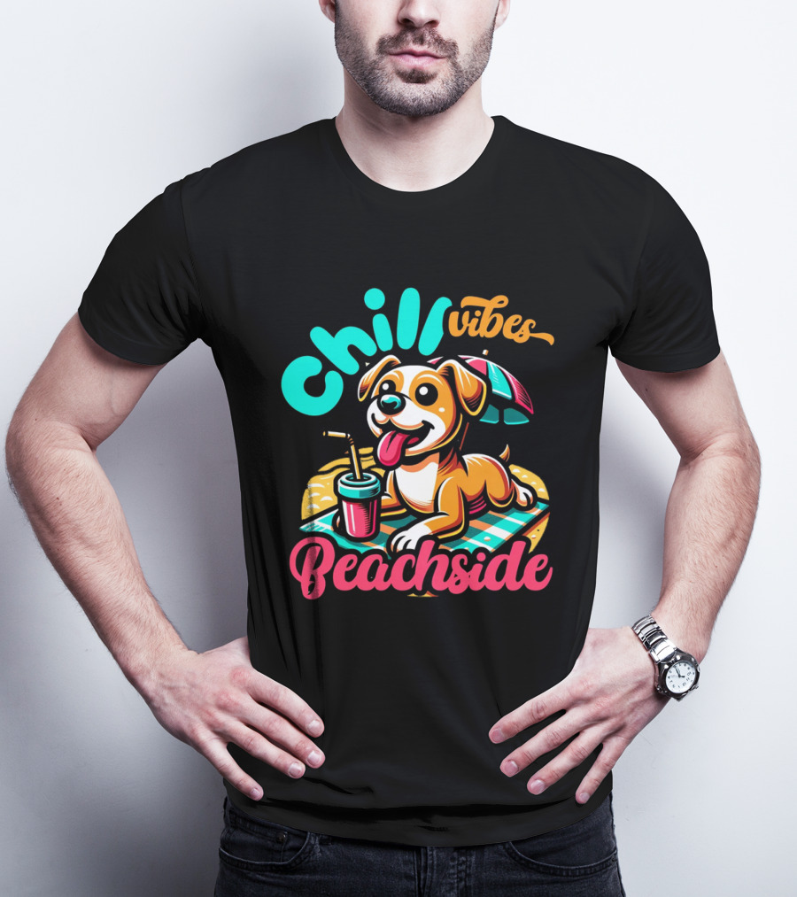 Chill Vibes Beachside Relaxing Dog With Umbrella And Drink T-Shirt
