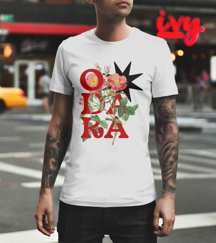 ODARA Bold Floral Art With Red Letters And Pink Flowers T-Shirt