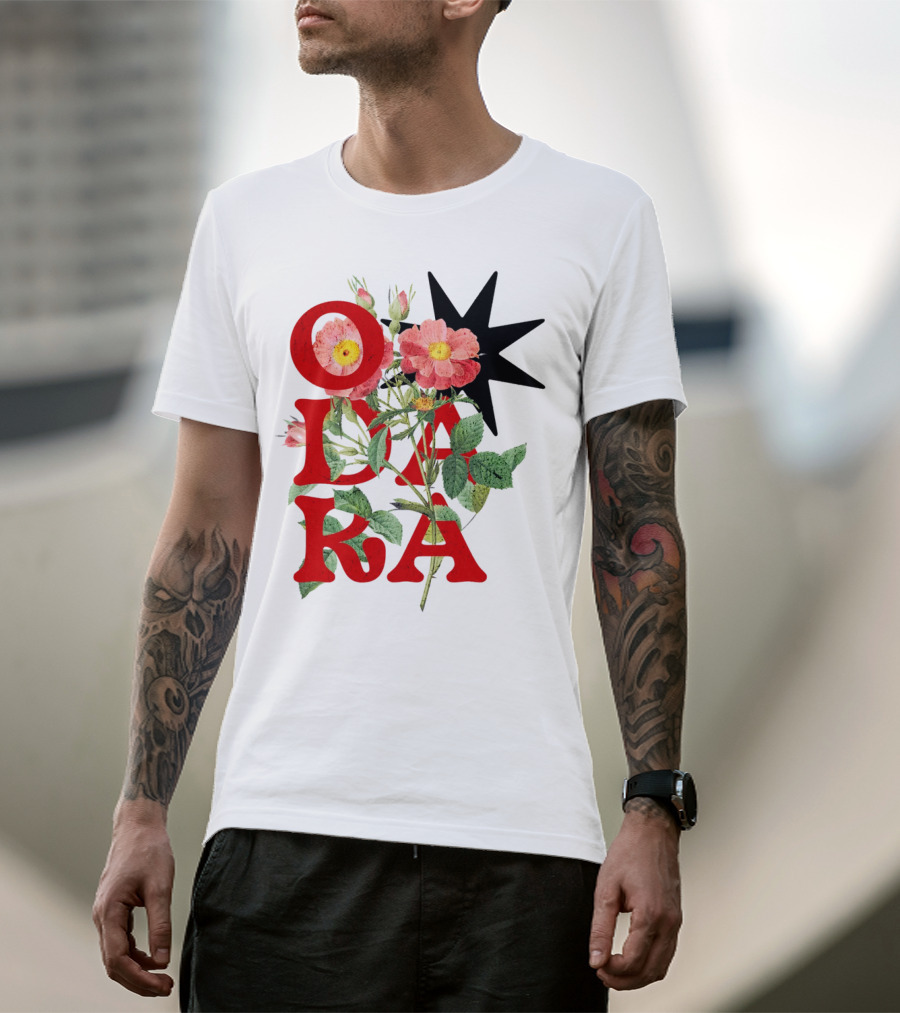 ODARA Bold Floral Art With Red Letters And Pink Flowers T-Shirt