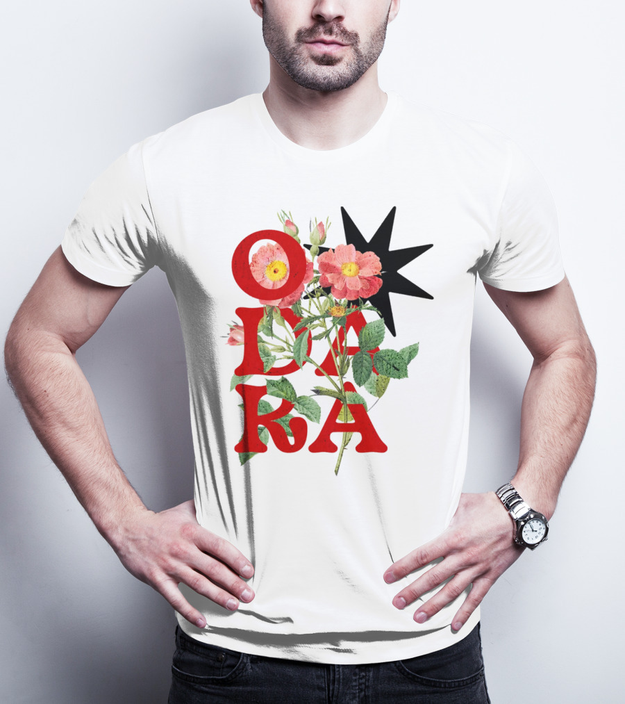 ODARA Bold Floral Art With Red Letters And Pink Flowers T-Shirt
