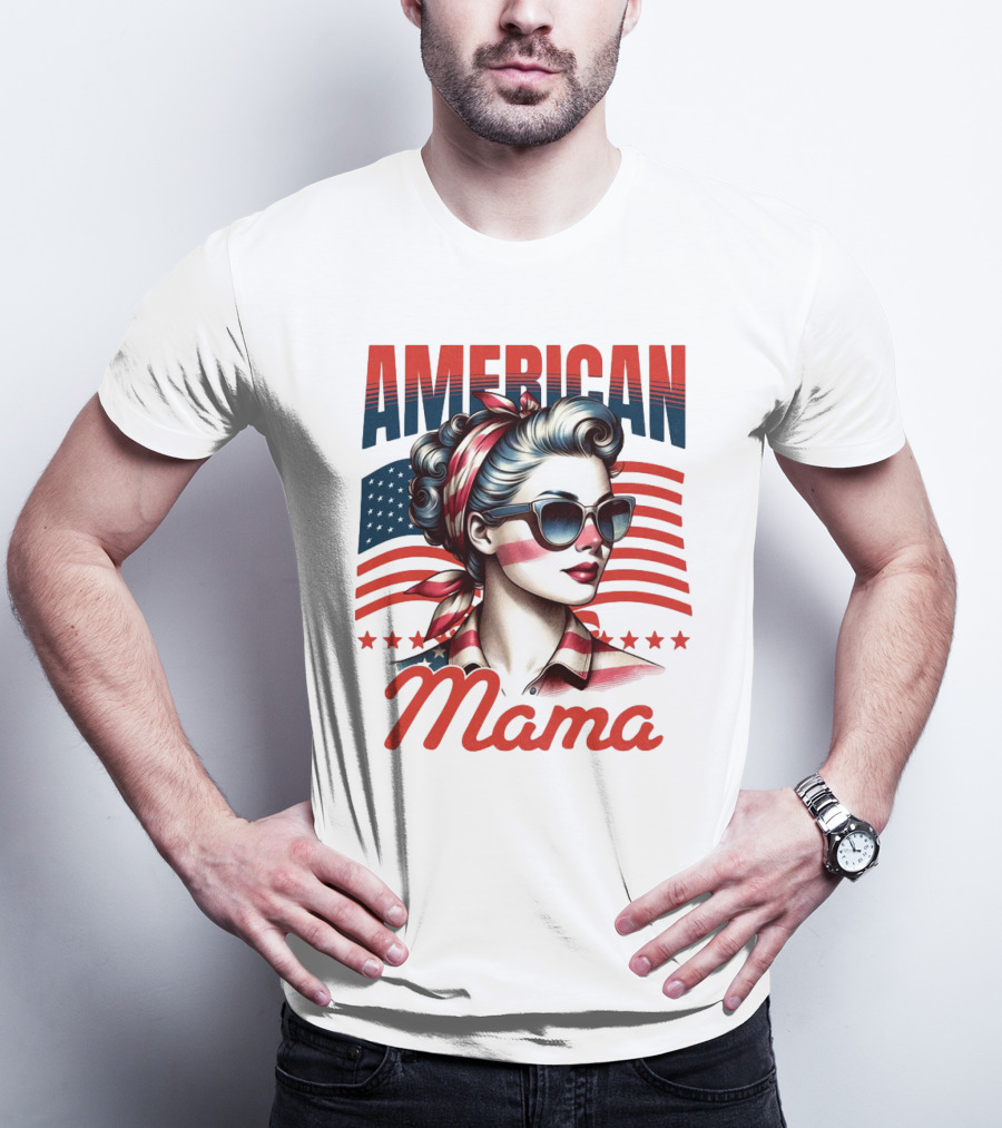 American Mama Vintage Patriotic Bandana Sunglasses Retro Flag Stars T-Shirt