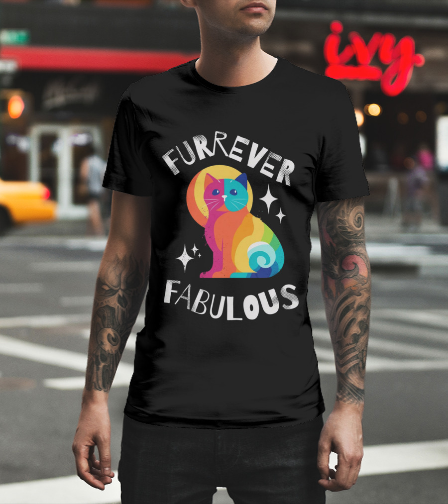 Furrever Fabulous Rainbow Cat With Stars T-Shirt