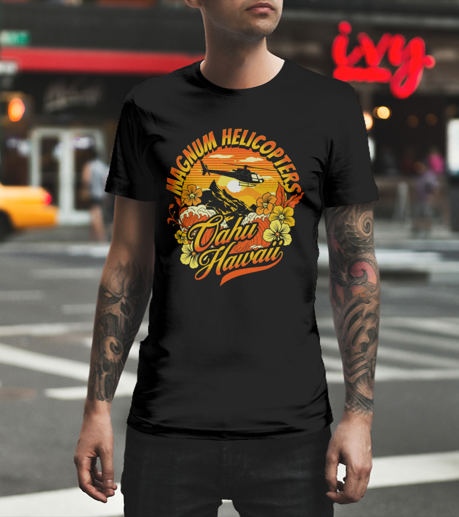 Magnum Helicopters Oahu Hawaii Helicopter Scenic Sunset Tropical Flowers T-Shirt
