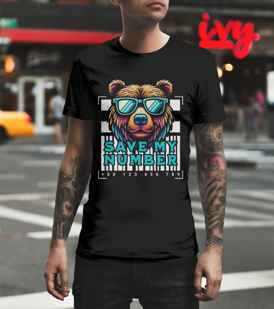 Save My Number Barcode Bear With Sunglasses T-Shirt