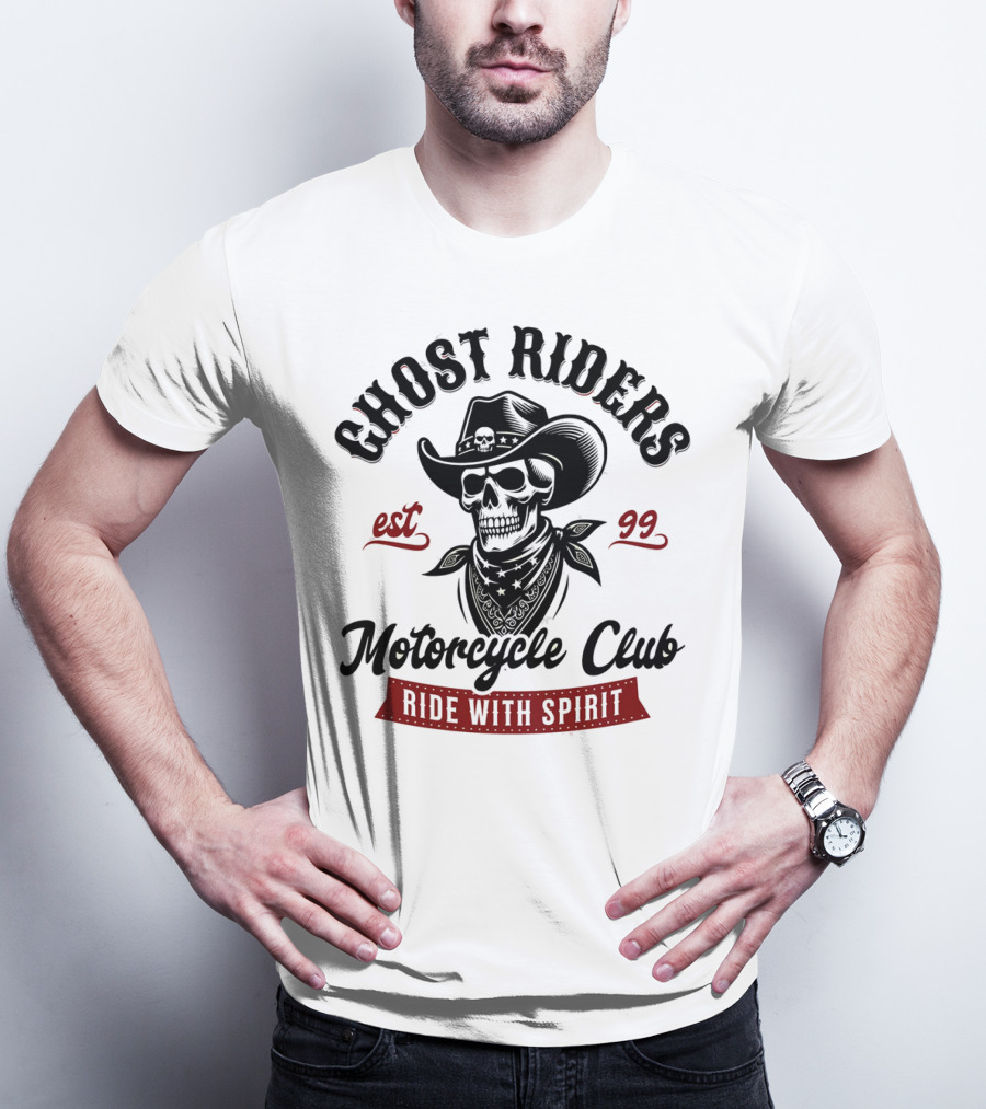 Ghost Riders Motorcycle Club Ride With Spirit Cowboy Skull Est 99 T-Shirt