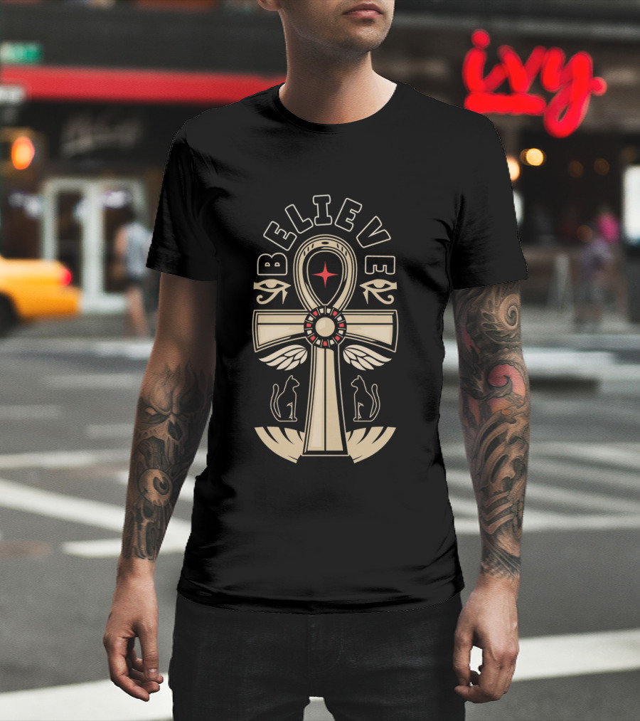 Believe Faith Ankh Symbol With Cats And Wings T-Shirt