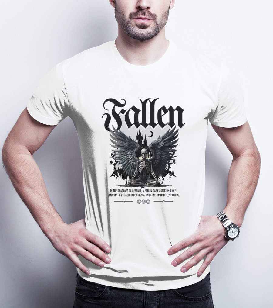Fallen Dark Skeleton Angel With Fractured Wings And Gothic Castle T-Shirt
