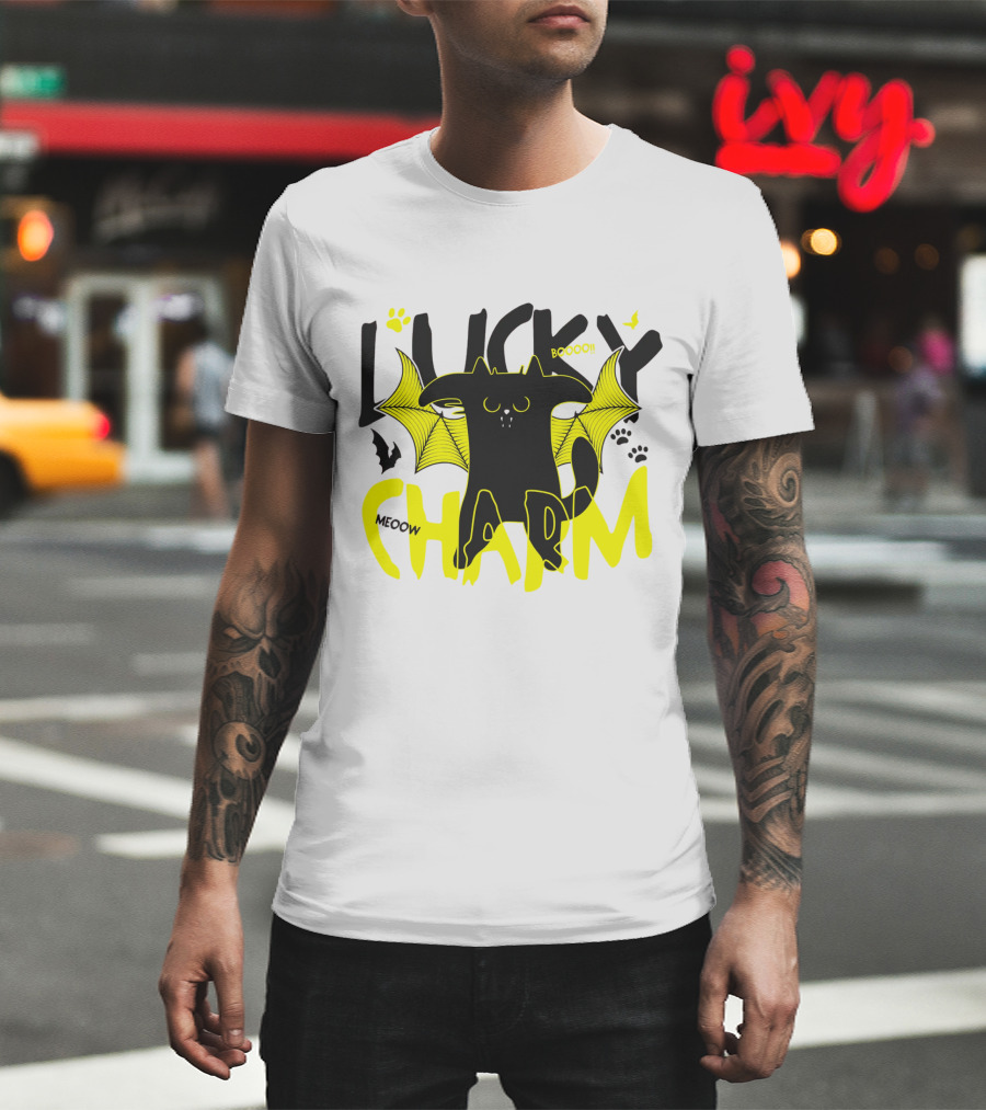 LUCKY CHARM Meow Boooo Bat Wings Cat Paw Prints T-Shirt