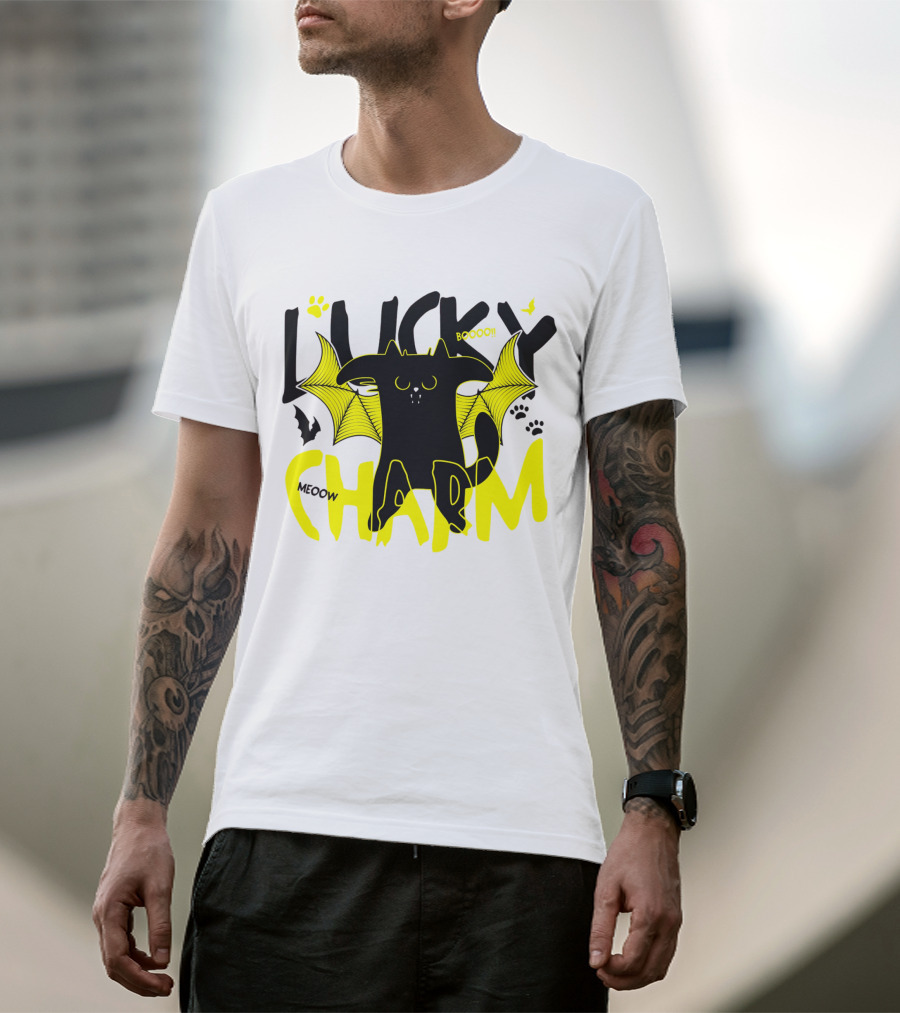 LUCKY CHARM Meow Boooo Bat Wings Cat Paw Prints T-Shirt