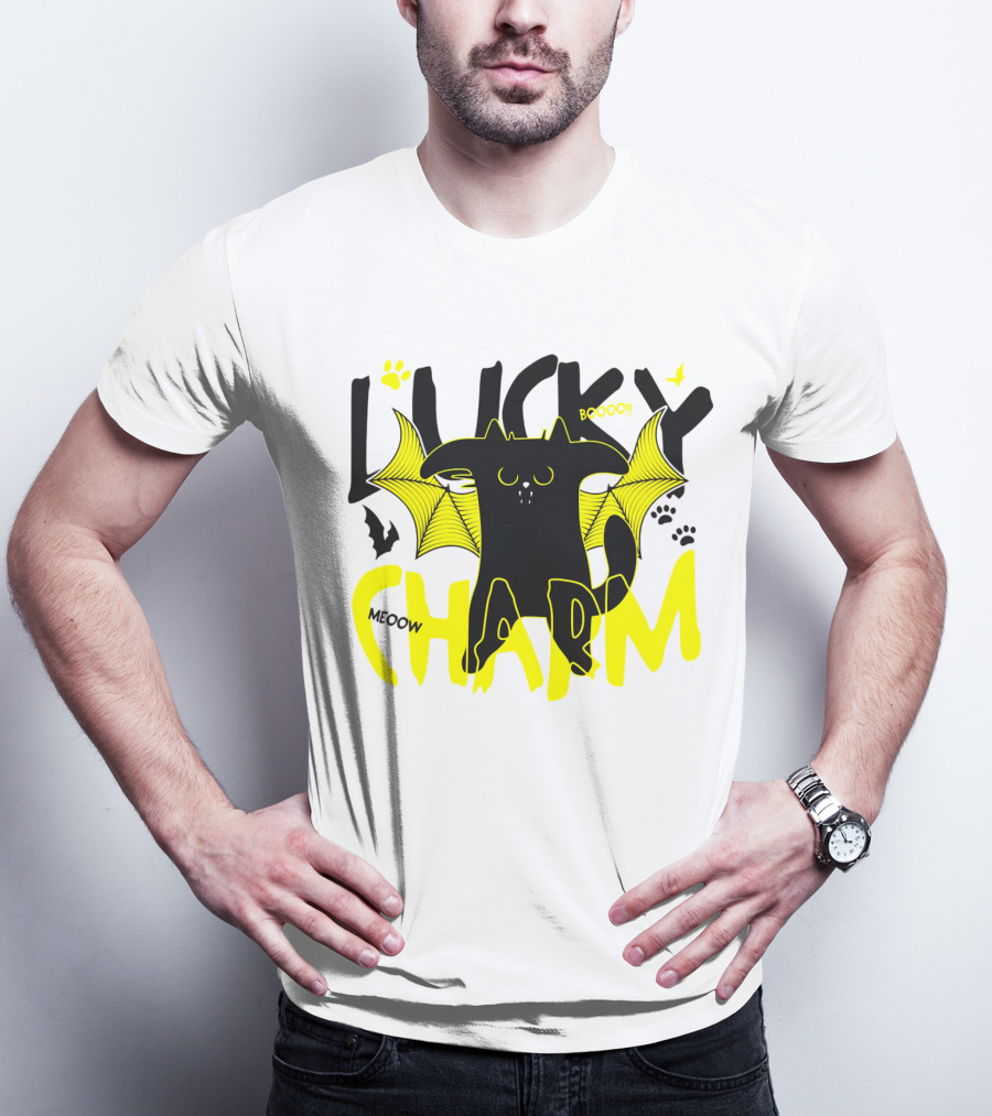 LUCKY CHARM Meow Boooo Bat Wings Cat Paw Prints T-Shirt