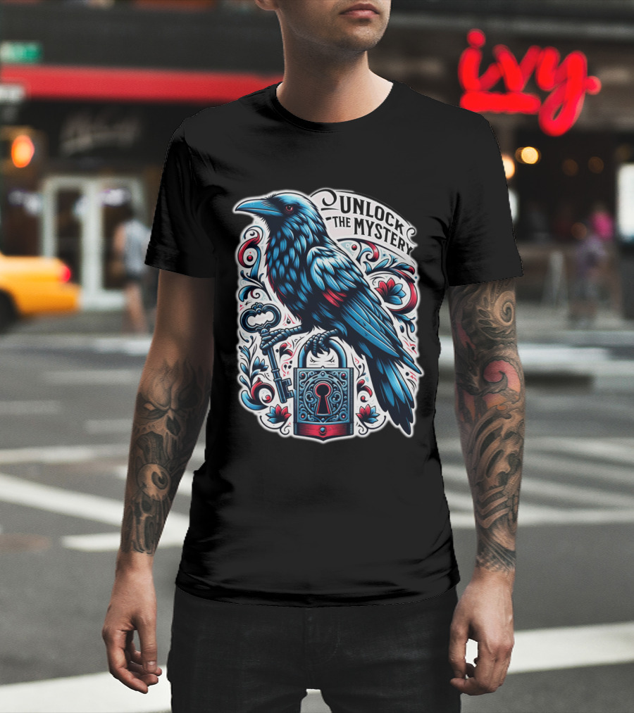 Unlock The Mystery Raven Holding Key And Lock With Ornate Floral T-Shirt