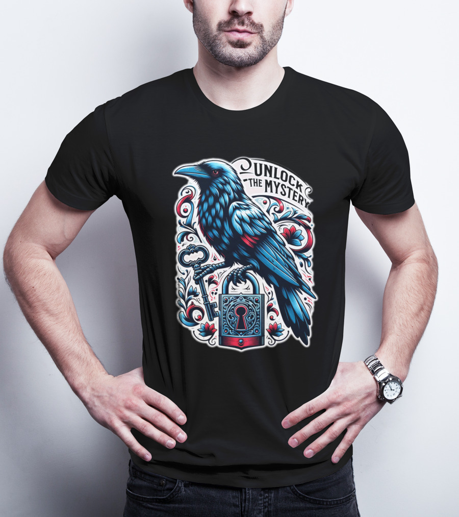 Unlock The Mystery Raven Holding Key And Lock With Ornate Floral T-Shirt