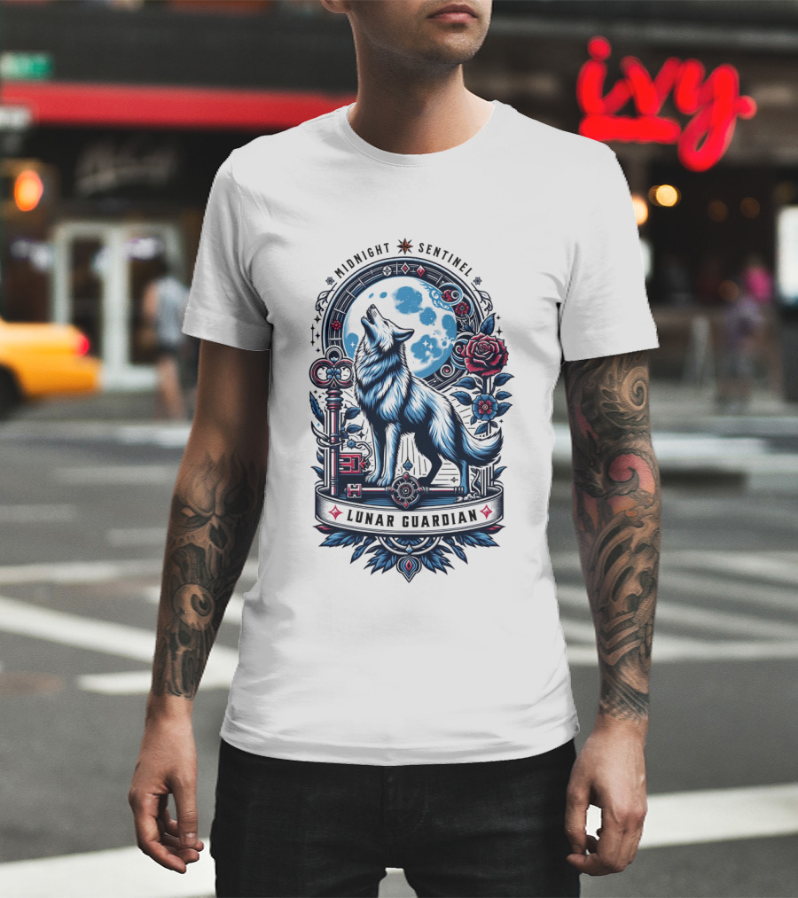 Midnight Sentinel Lunar Guardian Key And Roses Howling Wolf Moon T-Shirt