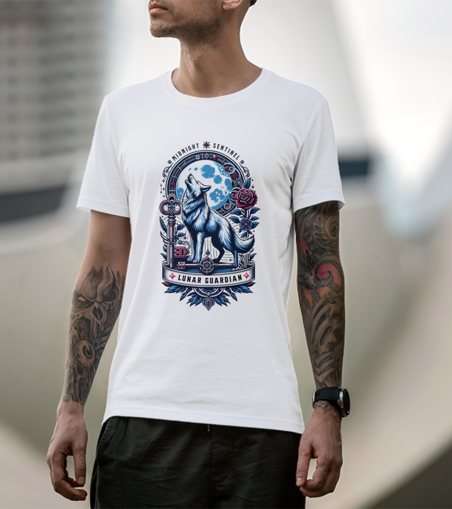 Midnight Sentinel Lunar Guardian Key And Roses Howling Wolf Moon T-Shirt
