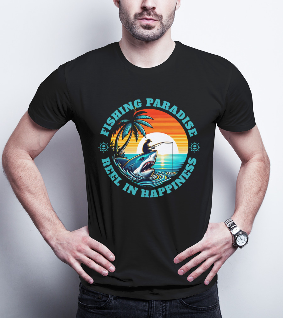 Fishing Paradise Reel In Happiness Sunset Shark Adventure T-Shirt