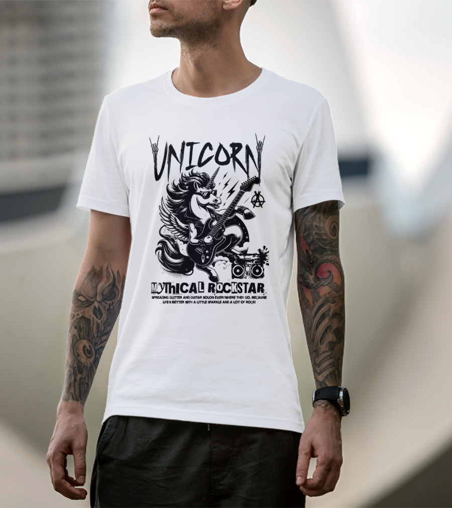 Unicorn Mythical Rockstar Spreading Glitter And Guitar Solos Sparkle Music Rock T-Shirt
