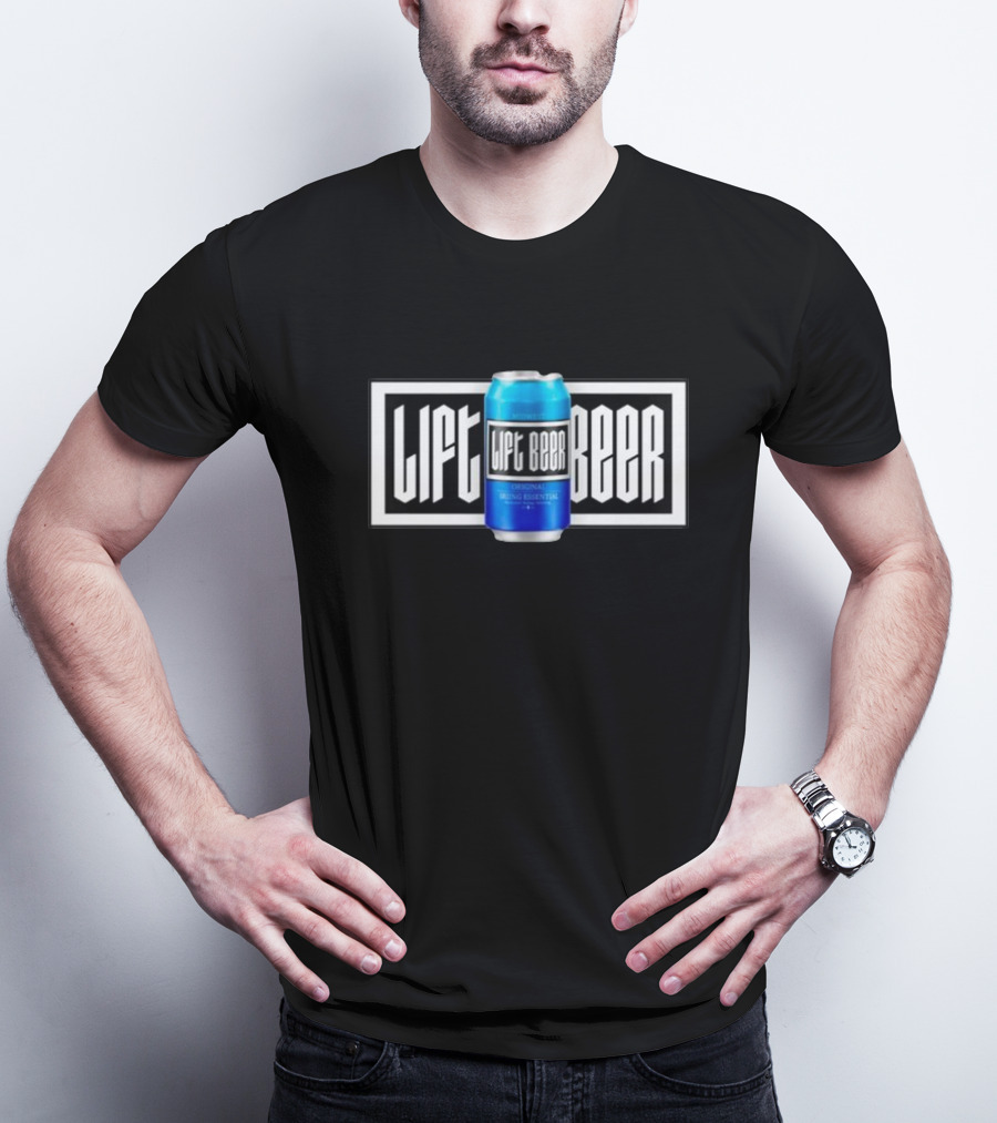 Lift Beer Original Drinking Essential Emblem - Black And White Background With Blue Can T-Shirt