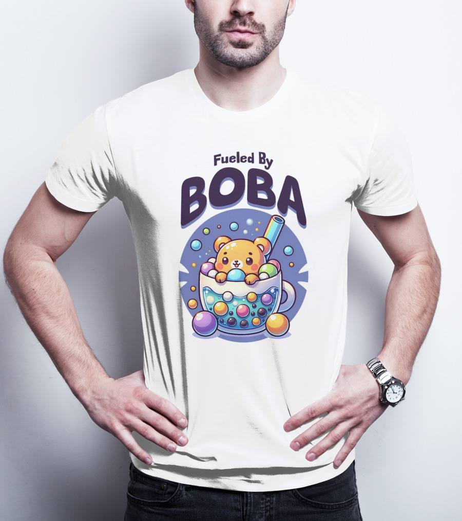 Purple Cute Fueled By Boba Bear In Cup With Straw And Bubbles T-Shirt
