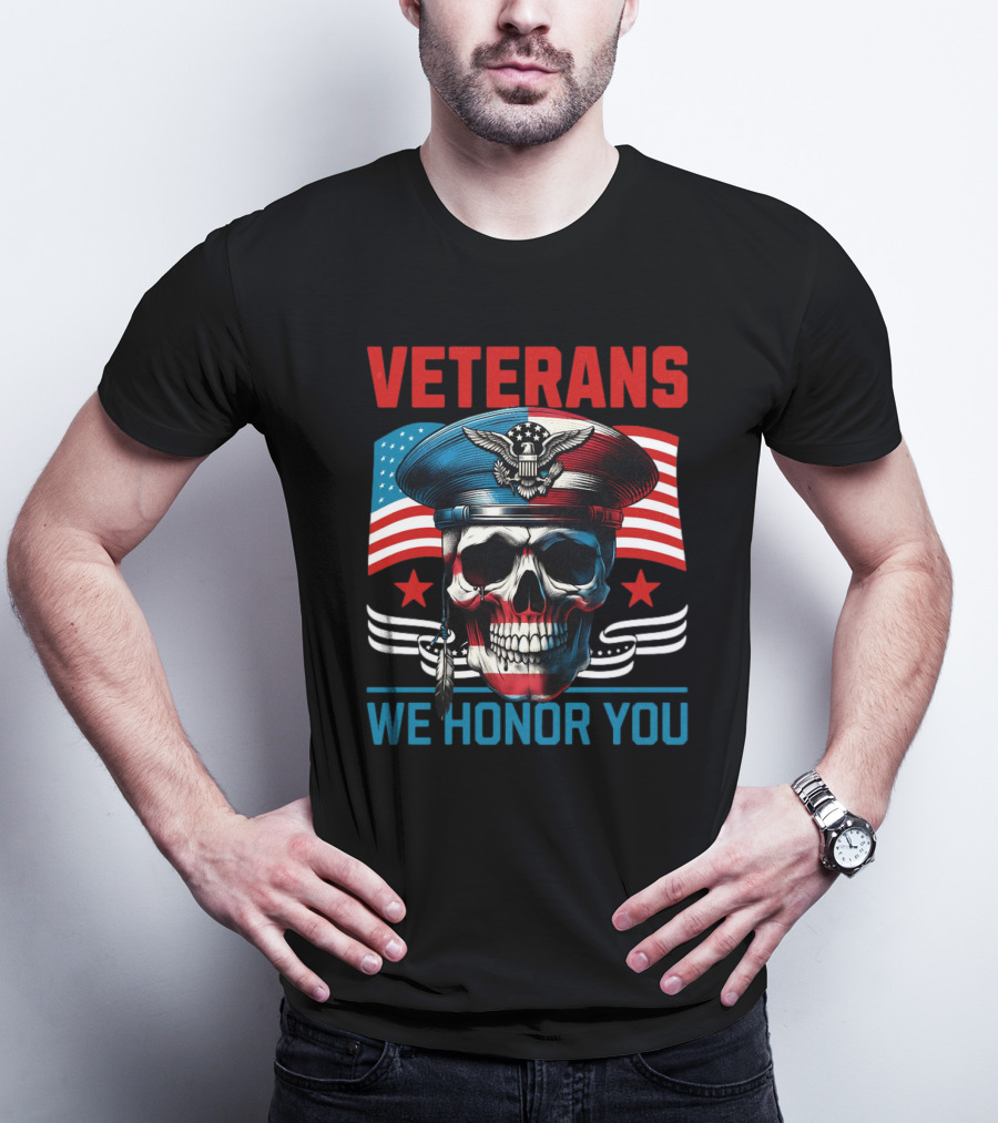 VETERANS WE HONOR YOU Skull With Eagle And Flag T-Shirt