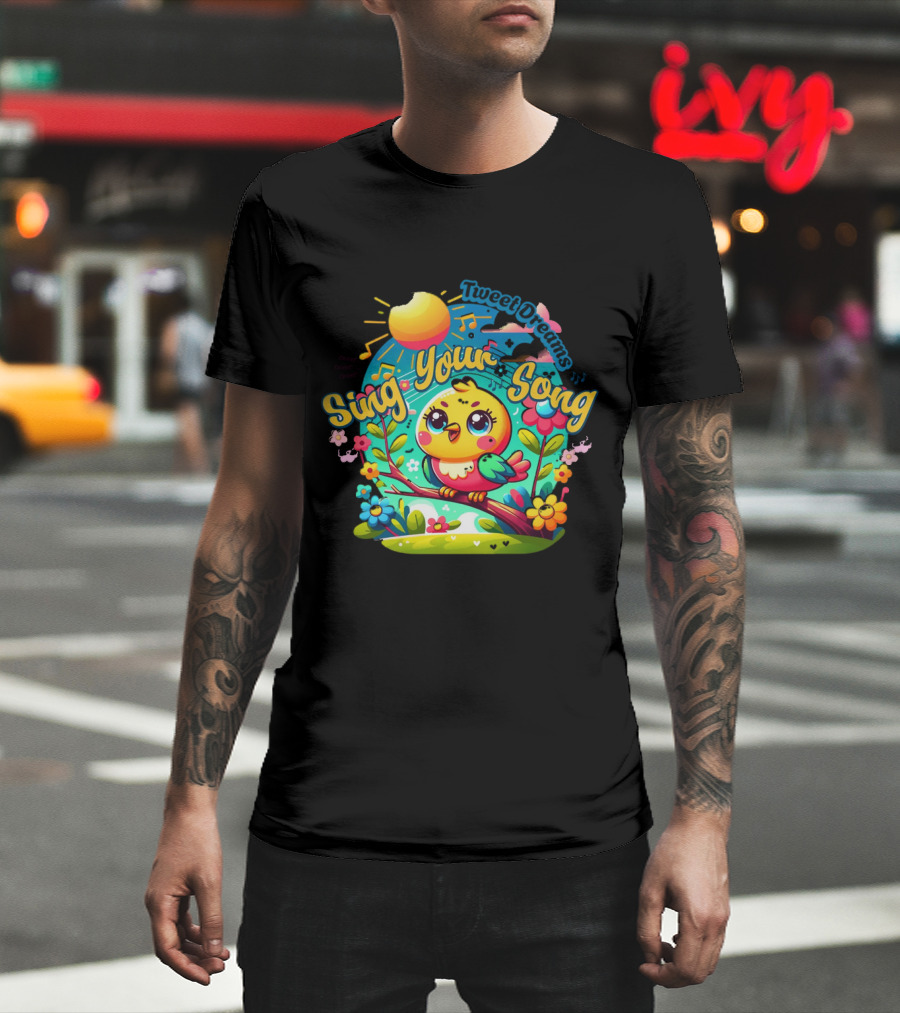 Tweet Dreams Sing Your Song Brightly-Colored Cartoon Bird And Musical Notes T-Shirt