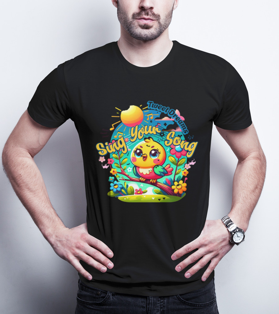 Tweet Dreams Sing Your Song Brightly-Colored Cartoon Bird And Musical Notes T-Shirt