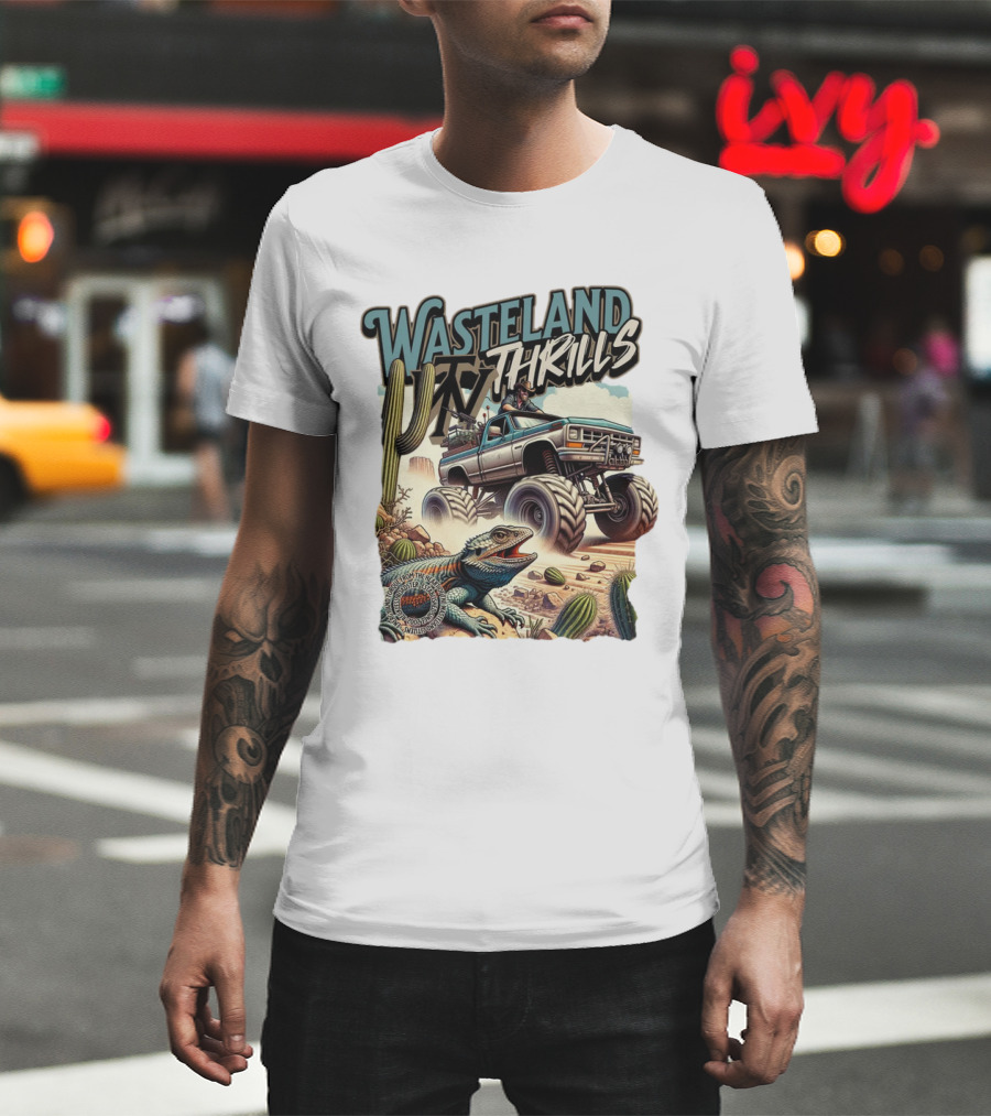 Wasteland Thrills Monster Truck Adventure With Lizard And Cactus Desert Scene T-Shirt
