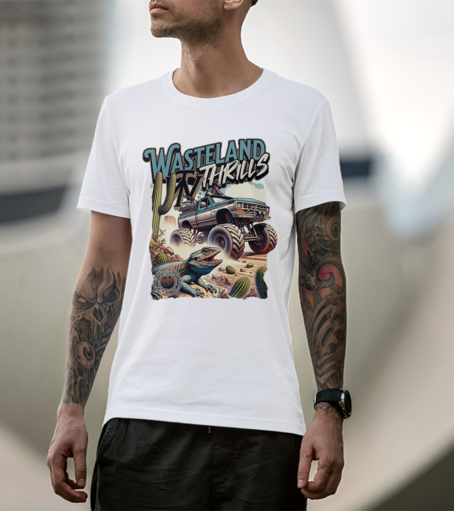 Wasteland Thrills Monster Truck Adventure With Lizard And Cactus Desert Scene T-Shirt