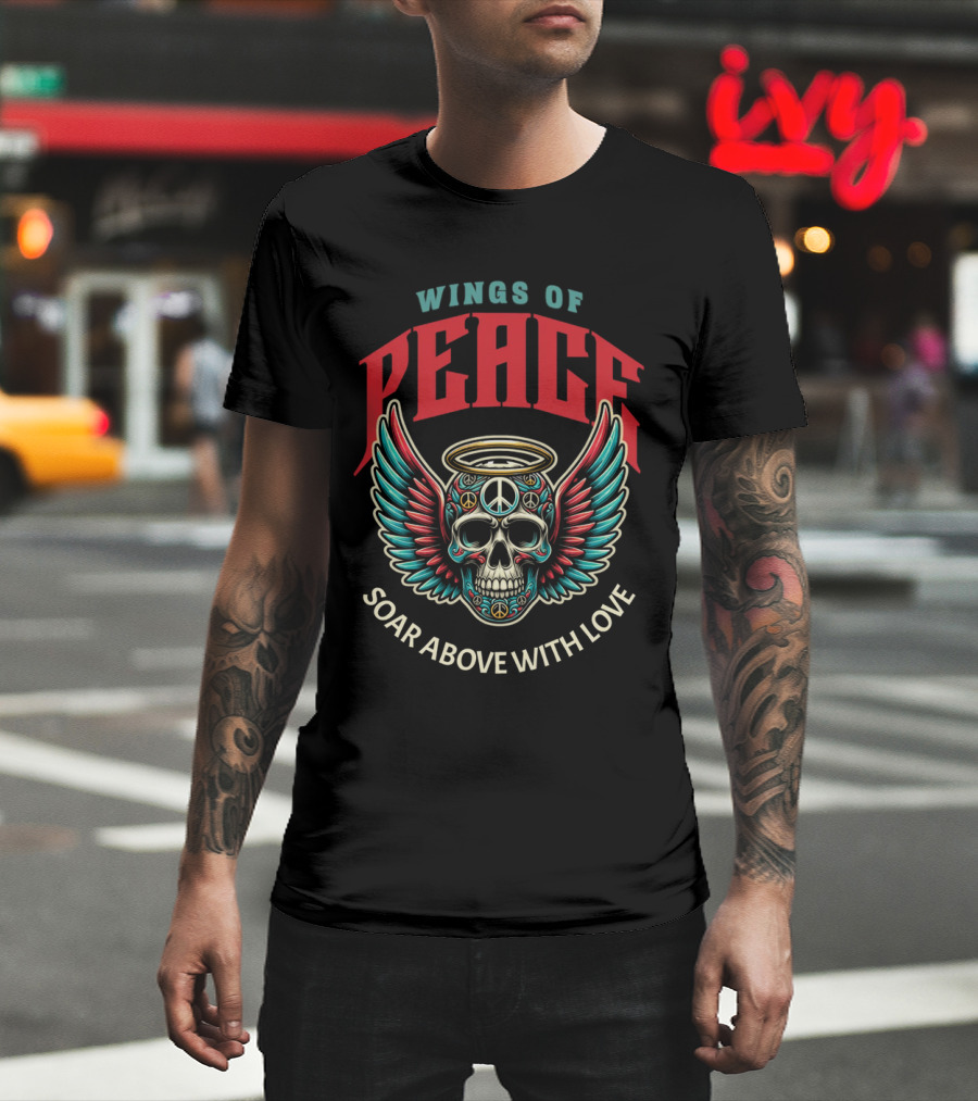 Wings Of Peace Soar Above With Love Peace Symbol Skull And Wings T-Shirt