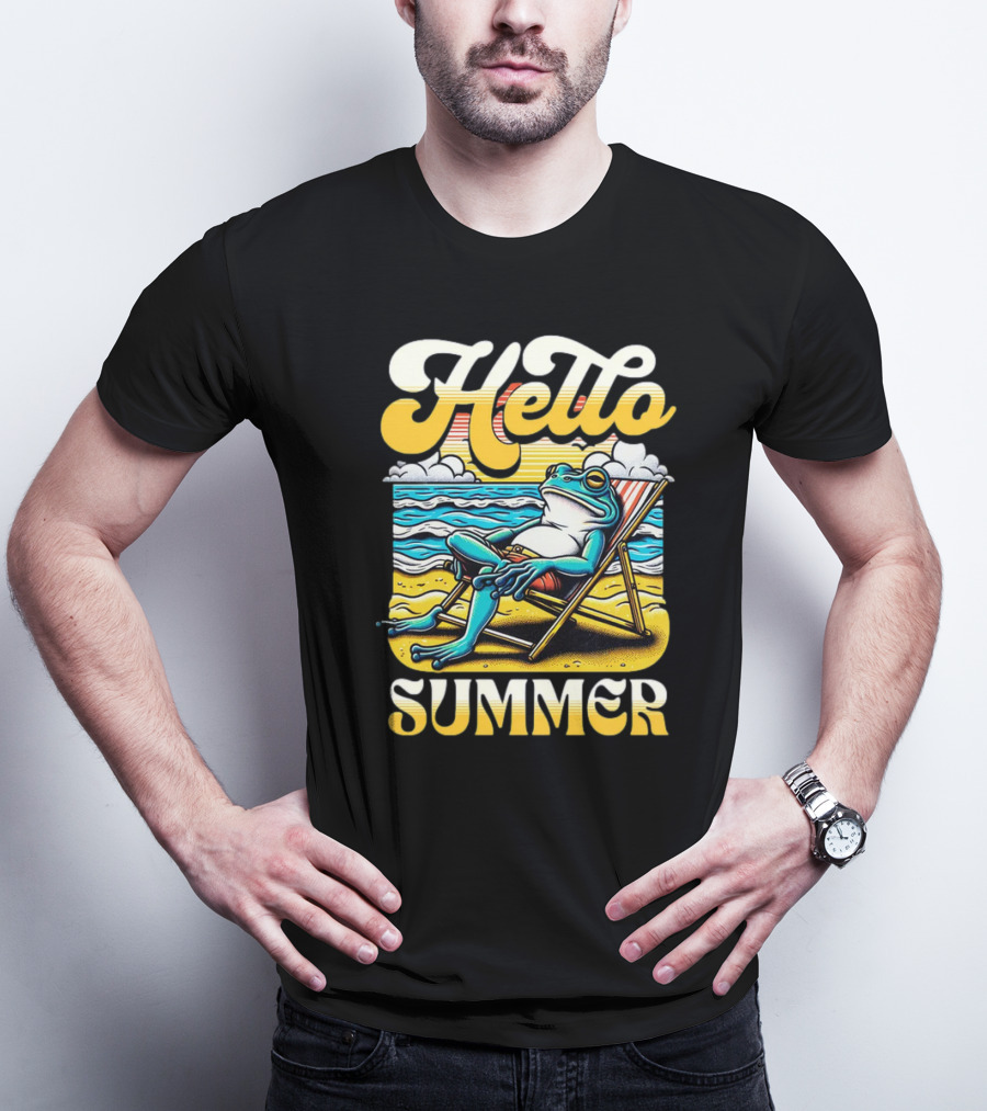 Hello Summer Frog Vintage Beach Scene T-Shirt