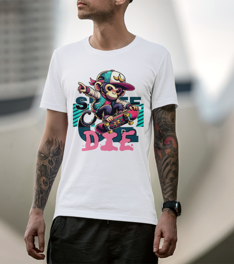 Skate Or Die Monkey On Skateboard With Cap And Jacket T-Shirt