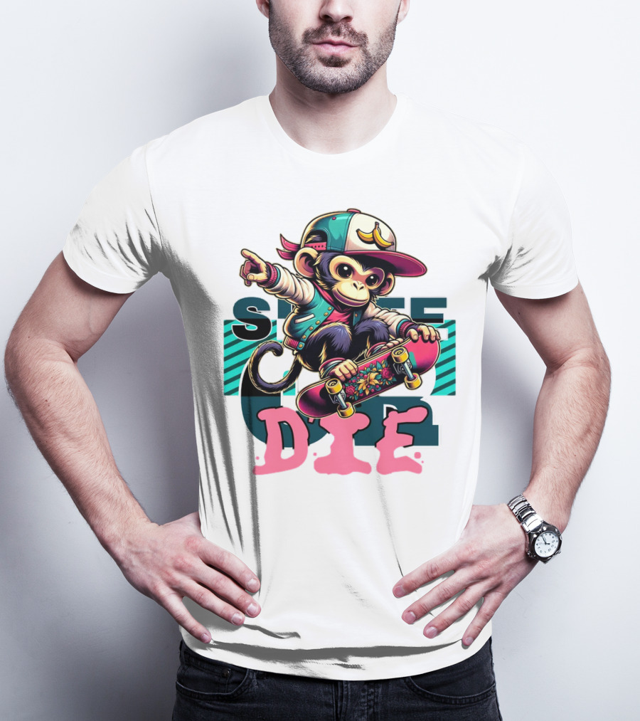 Skate Or Die Monkey On Skateboard With Cap And Jacket T-Shirt