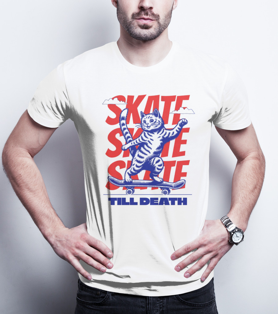 SKATE SKATE SKATE TILL DEATH Cat On Skateboard T-Shirt