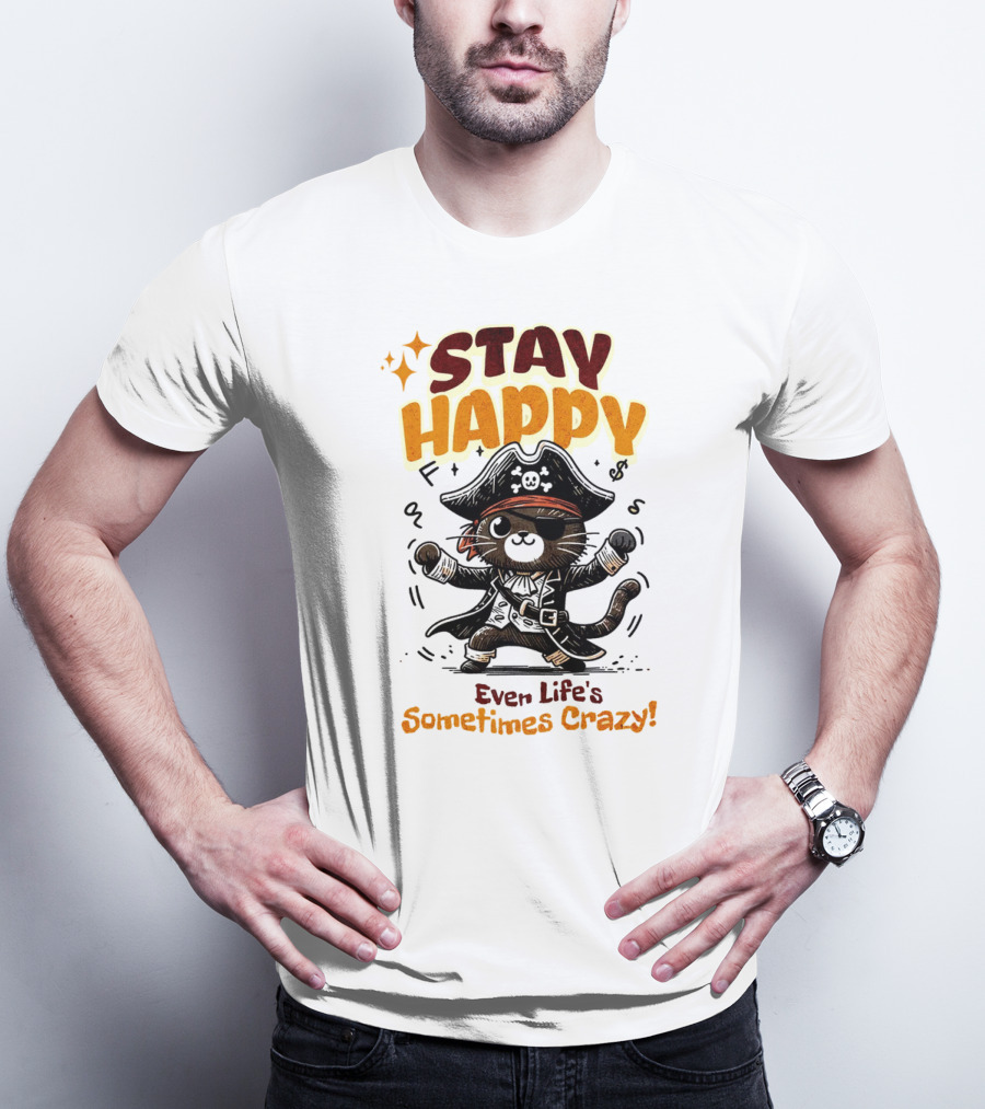 STAY HAPPY Even Life's Sometimes Crazy Pirate Cat T-Shirt