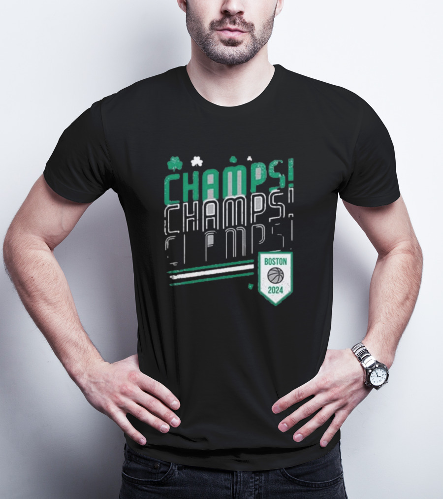 Boston Celtics ’24 Champs Champs Champs Basketball Shield T-Shirt