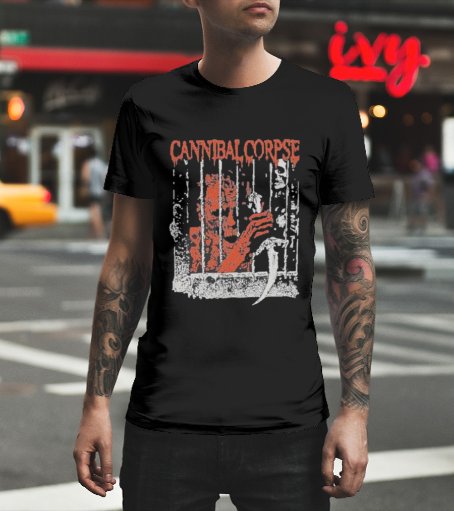 Cannibal Corpse Bloody Kill Cell Prison Bars Skeleton Knife T-Shirt
