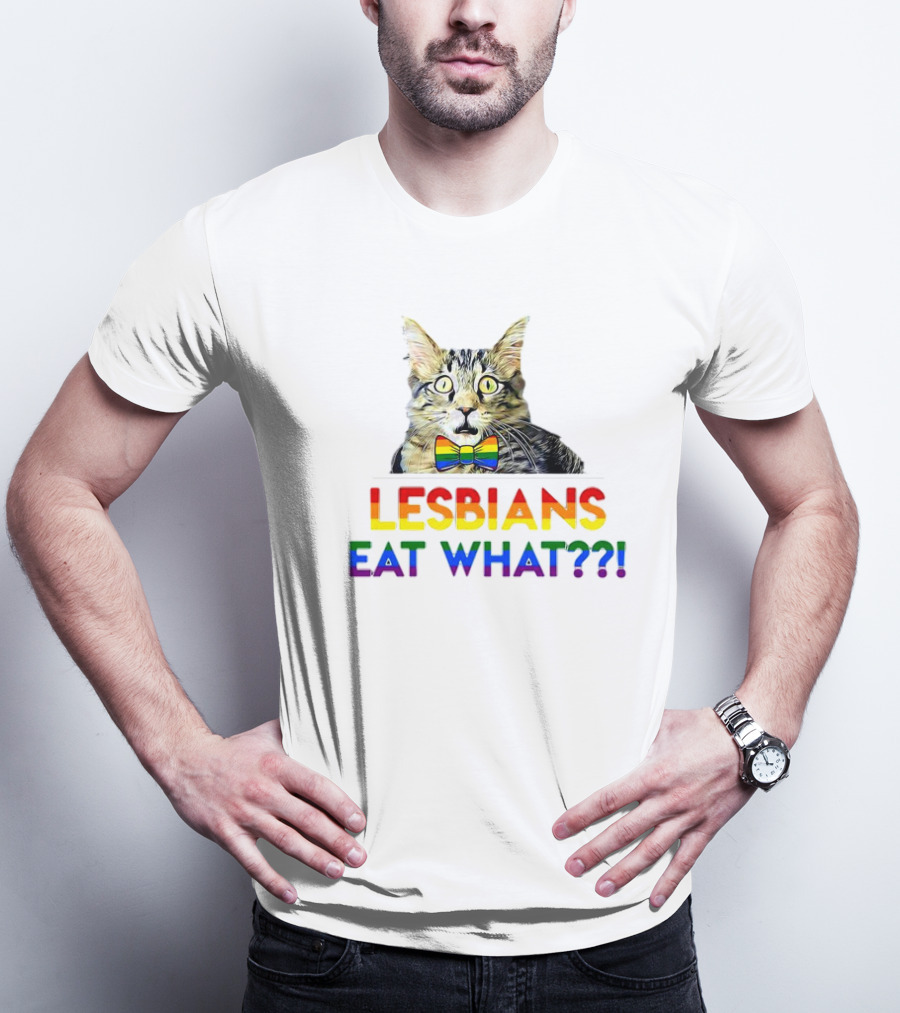 Lesbians Eat What Cat With Rainbow Bow Tie T-Shirt
