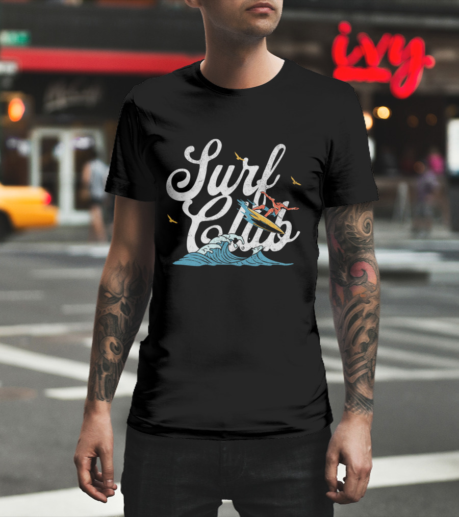 Surf Club Vintage Surfing Wave With Seagulls And Surfer T-Shirt