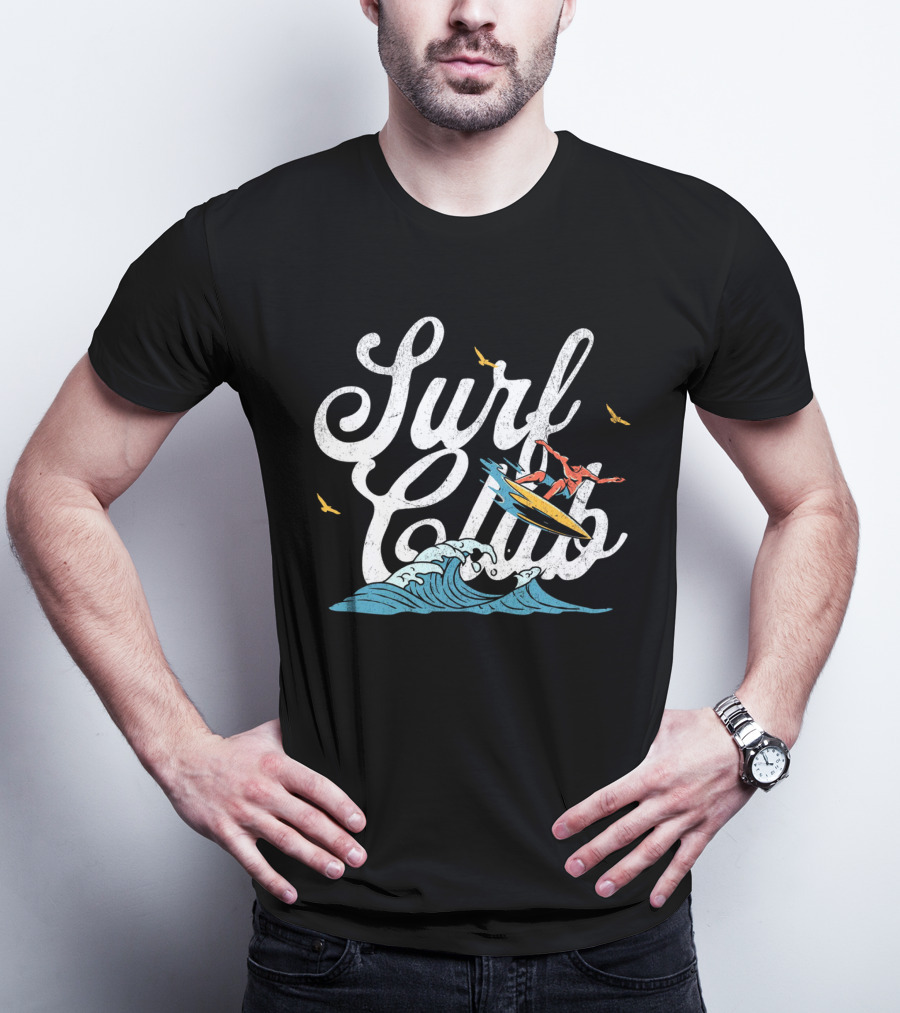 Surf Club Vintage Surfing Wave With Seagulls And Surfer T-Shirt