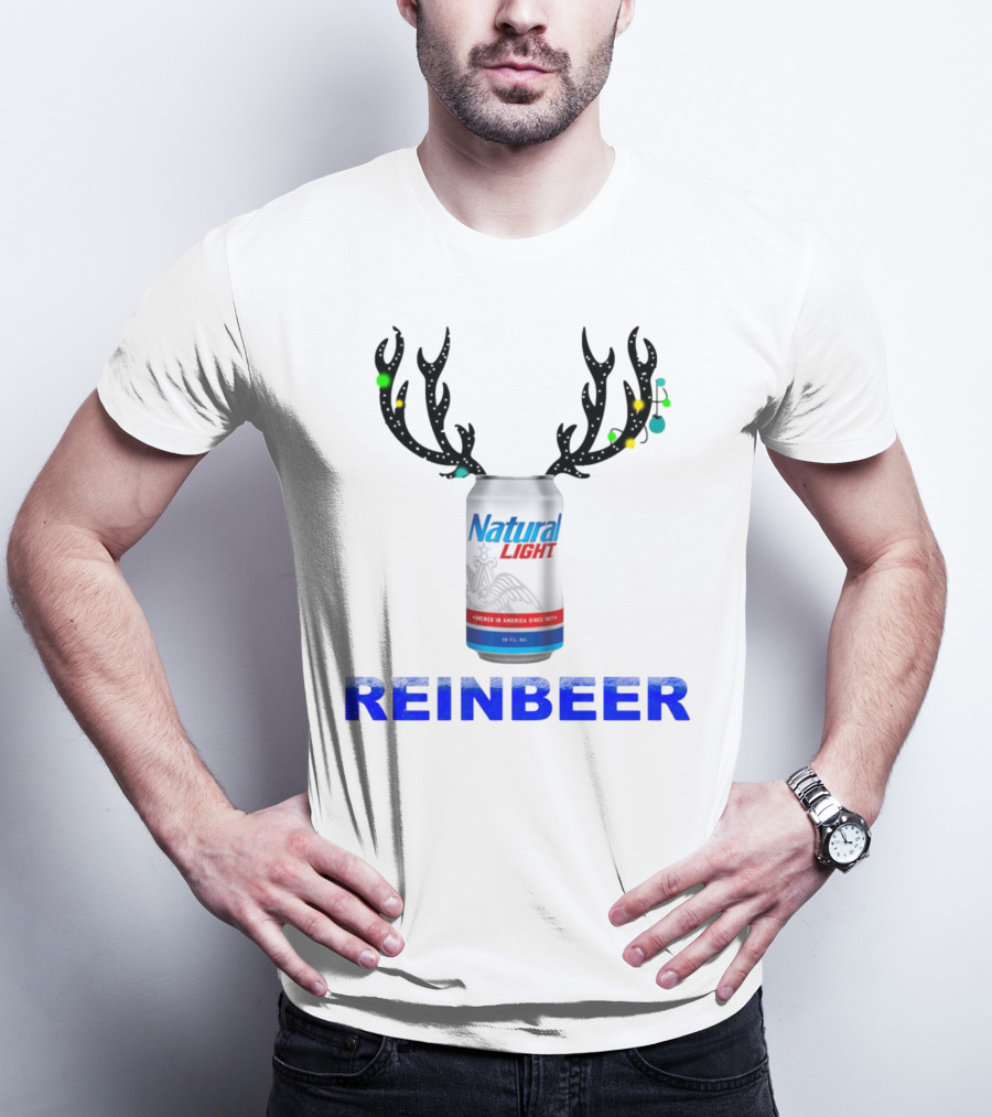 Natural Light Holiday Reinbeer Can Antlers Christmas T-Shirt