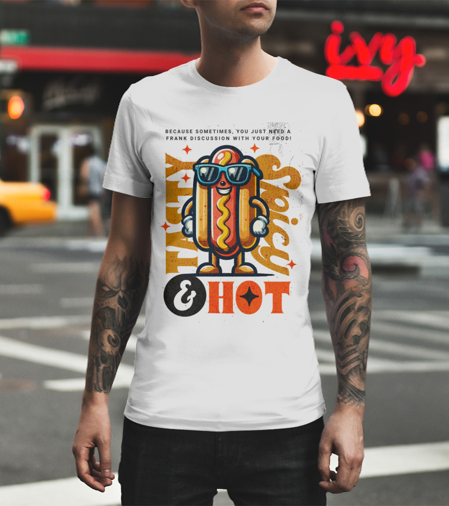 Highly Spicy And Hot Retro Funny Hot Dog Fast Food Mascot Character T-Shirt