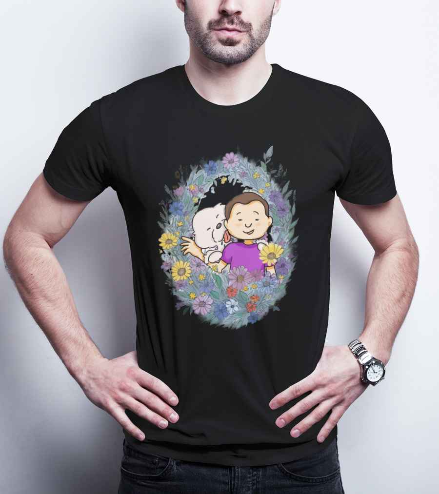 Dog Dad With Child And Dog Surrounded By Floral Wreath T-Shirt