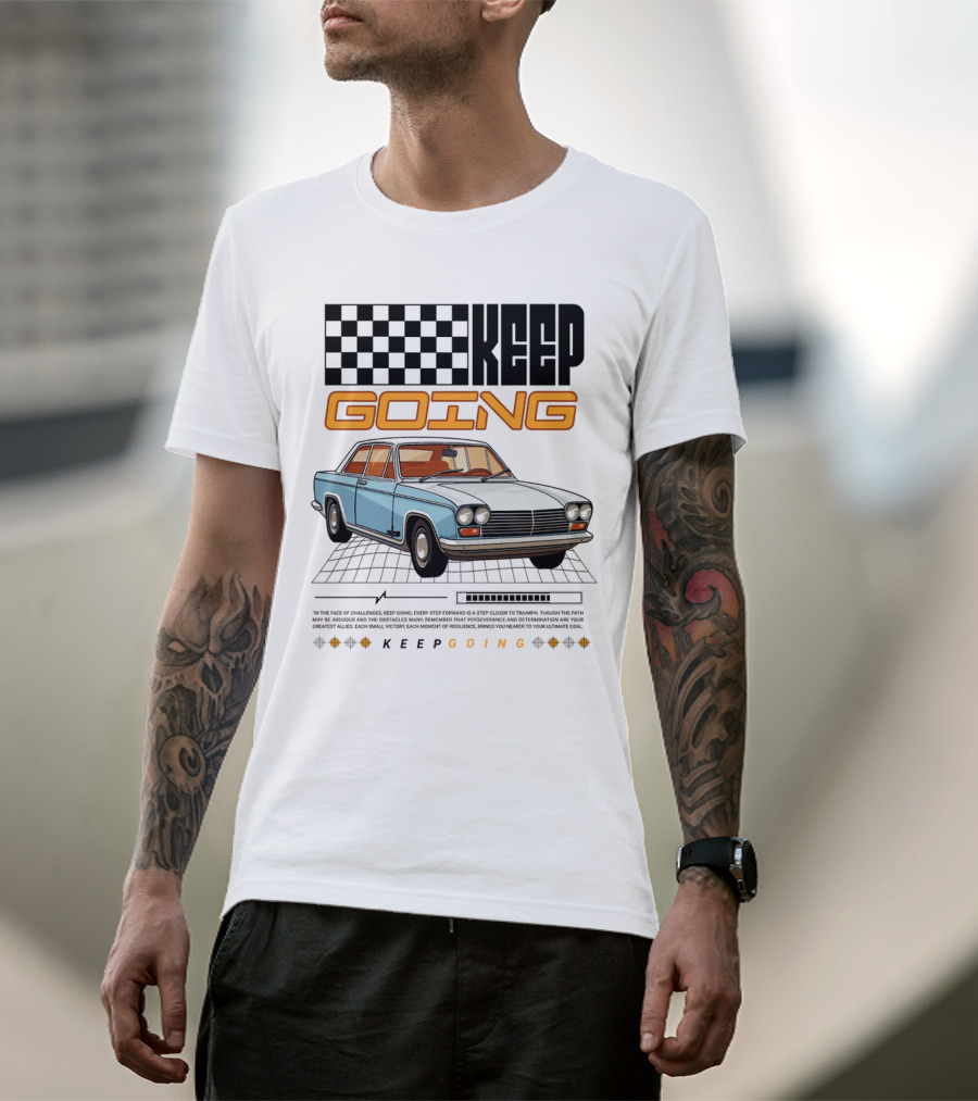 KEEP GOING Retro Car Classic Style Checkerboard Racing Elements T-Shirt