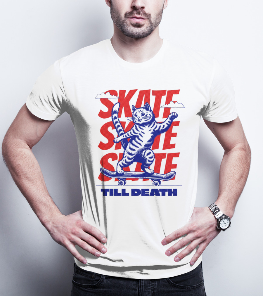 Skate Till Death Cat Riding Skateboard T-Shirt