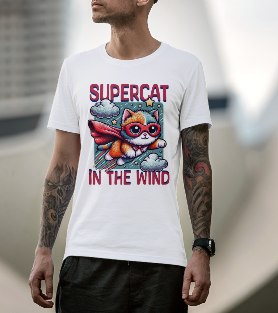 SUPER CAT IN THE WIND STAR ADVENTURE WITH CLOUDS AND CAPE T-Shirt