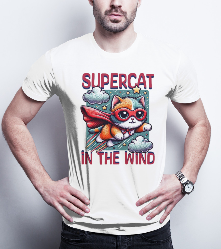 SUPER CAT IN THE WIND STAR ADVENTURE WITH CLOUDS AND CAPE T-Shirt