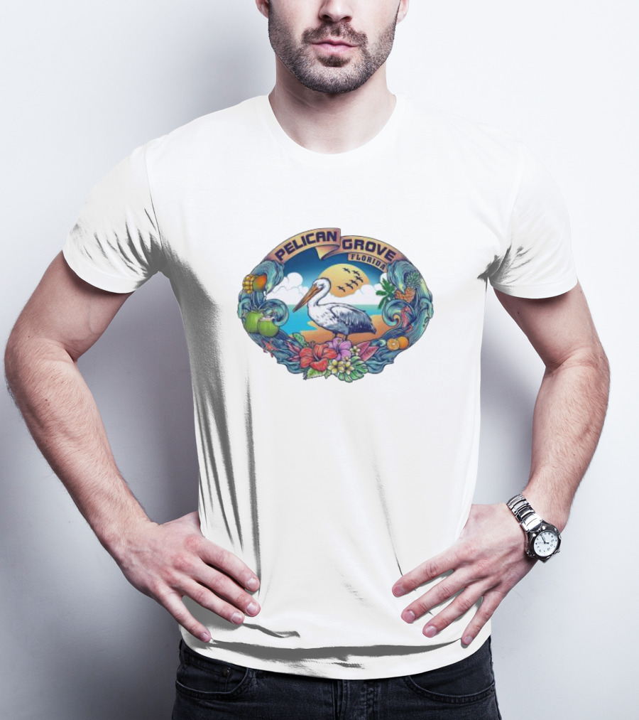 Pelican Grove Florida Tropical Beach Scene With Pelican And Coastal Fruits T-Shirt