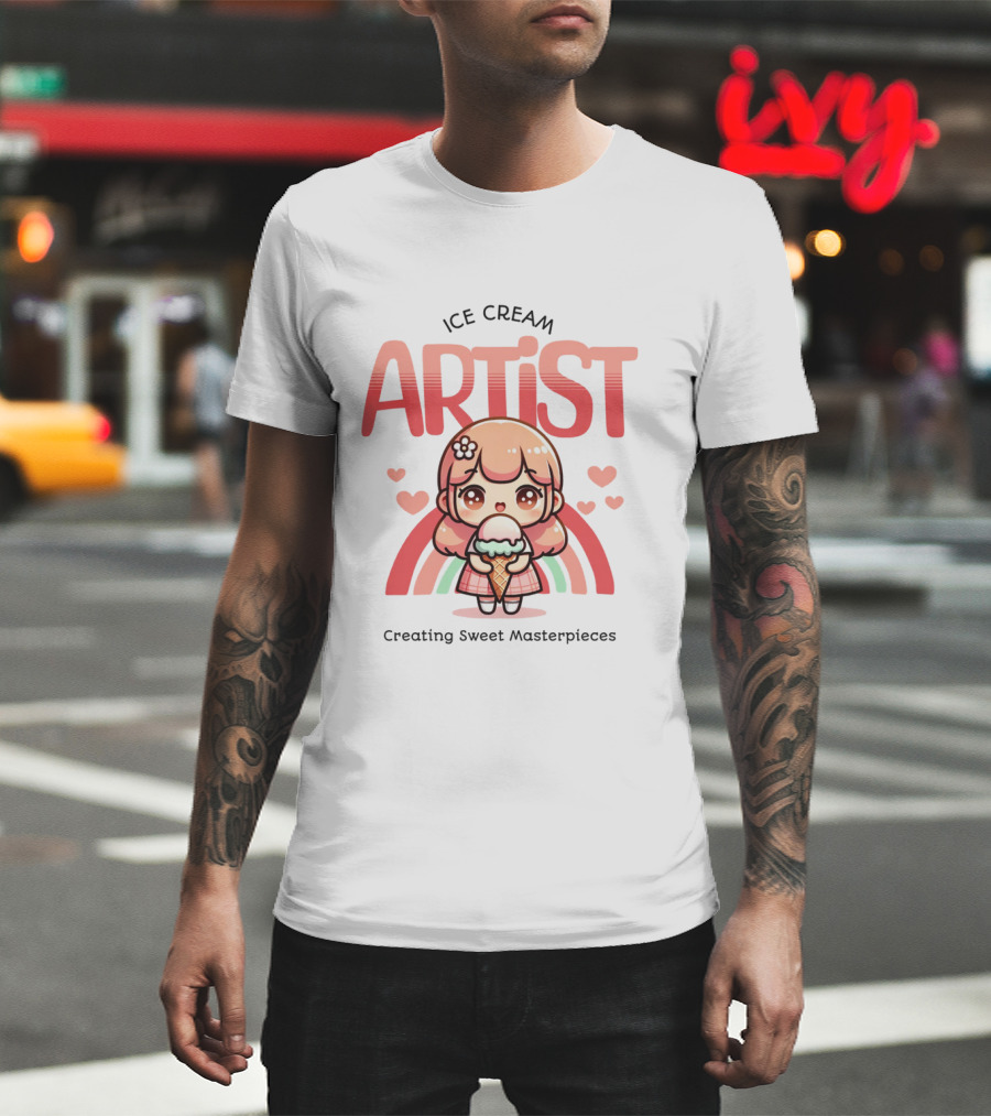 Ice Cream Artist Creating Sweet Masterpieces Kawaii Girl With Hearts And Rainbow T-Shirt