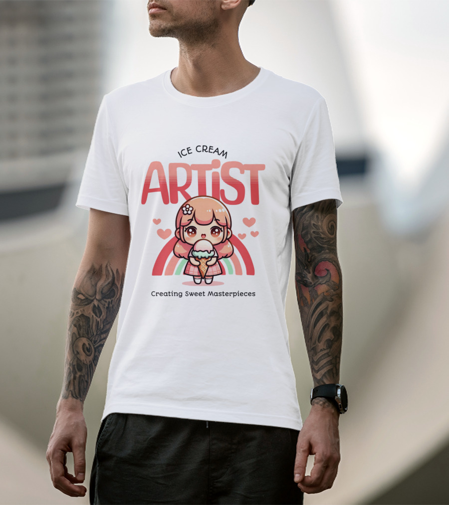 Ice Cream Artist Creating Sweet Masterpieces Kawaii Girl With Hearts And Rainbow T-Shirt