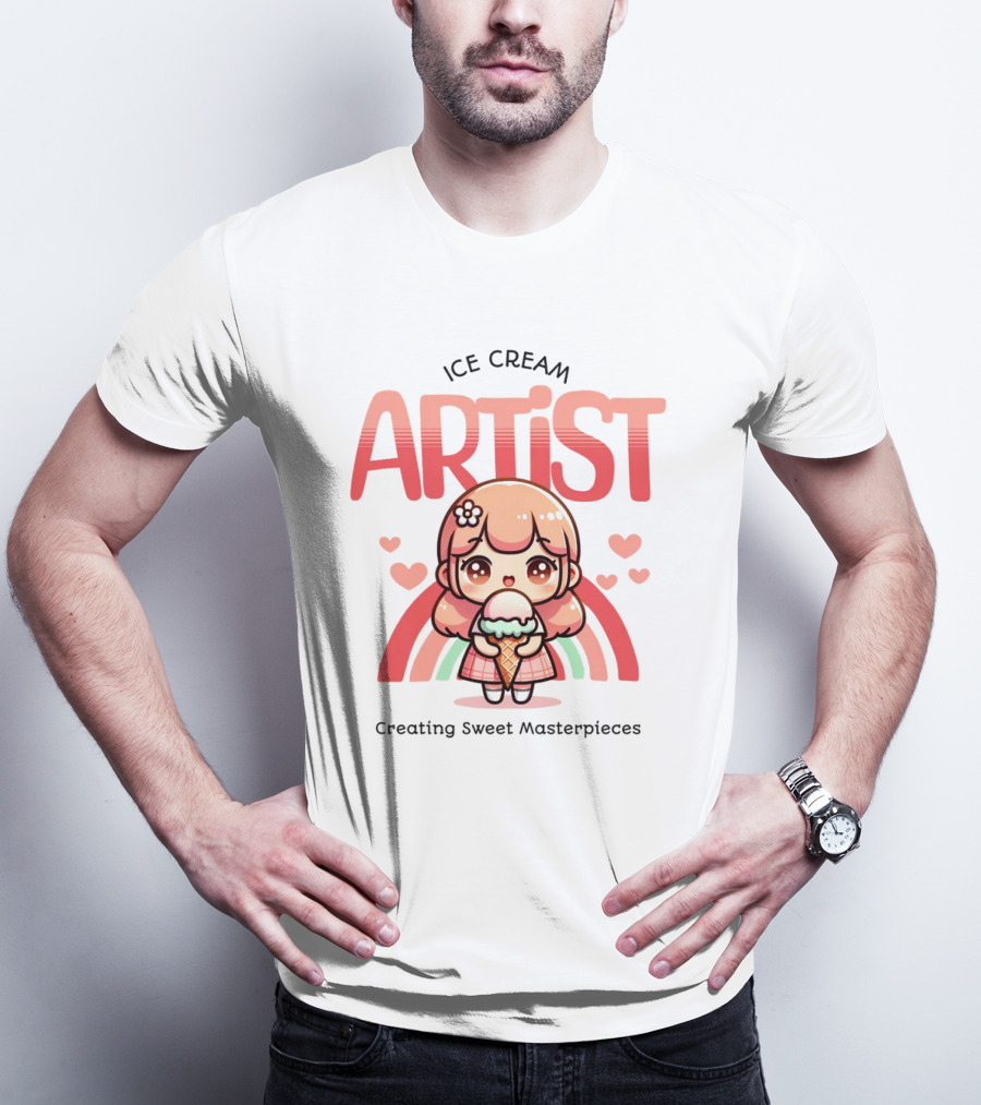 Ice Cream Artist Creating Sweet Masterpieces Kawaii Girl With Hearts And Rainbow T-Shirt